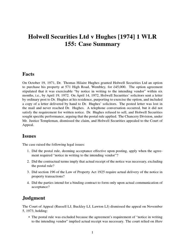 Holwell Securities v Hughes Case Summary | PDF | Common Law | Justice