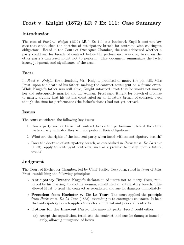 Frost v. Knight: Anticipatory Breach Explained | PDF | Breach Of ...