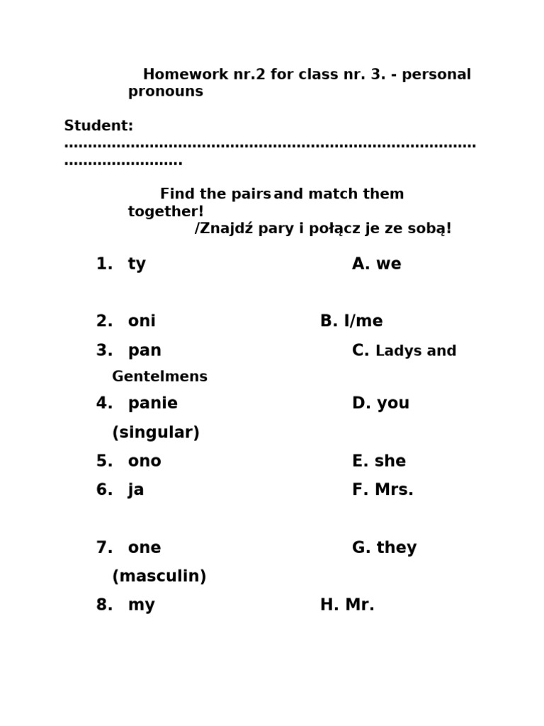 Homework Nr.2 - Class Nr.3 - Find The Pairs and Match Them Together ...