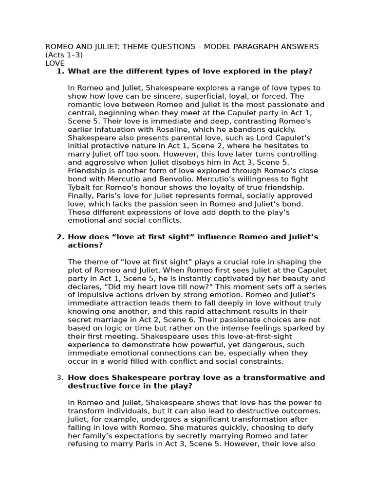 ROMEO AND JULIET - Theme Answers | PDF | Characters In Romeo And Juliet ...