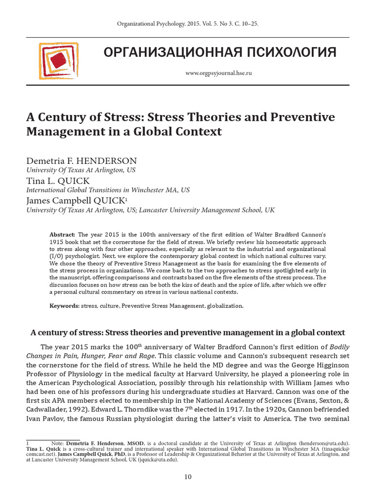 A Century of Stress Stress Theories and Preventive Management in | PDF ...
