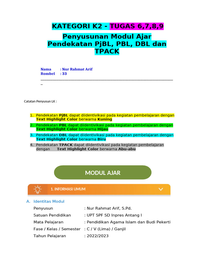 Nur Rahmat Arif K2 - Tugas 6,7,8,9 - Penyusunan Modul Ajar PJBL, PBL, DBL, TPACK | PDF