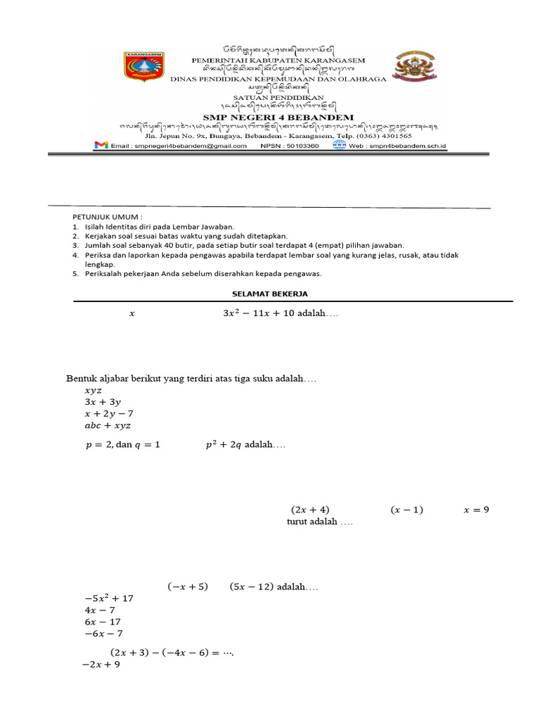 SAS Math 7 K-Merdeka SMP Negeri 4 Bebandem - Asli | PDF