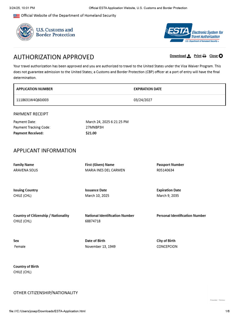 Official ESTA Application Website, U.S. Customs and Border Protection | PDF