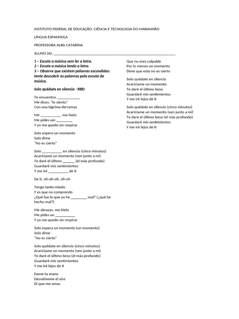 Solo Quédate en Silencio - RBD | PDF