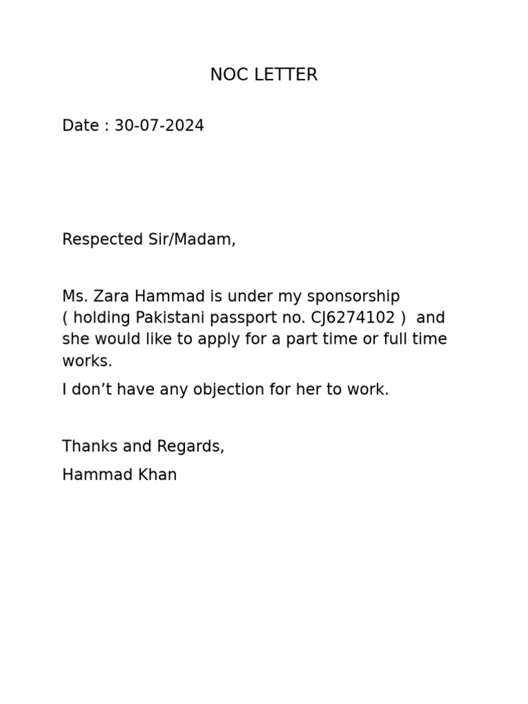 NOC Letter for Ms. Zara Hammad | PDF