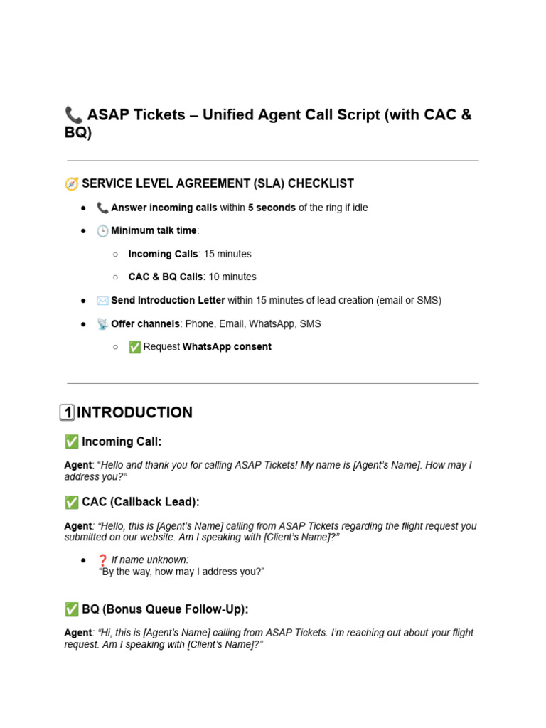 ASAP Tickets Agent Call Script Guide | PDF | Transport | Aviation
