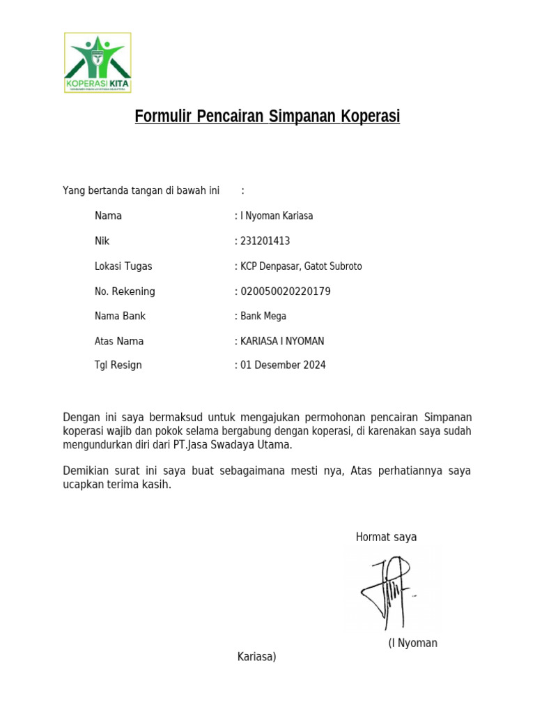 Formulir Pencairan Simpanan Koperasi | PDF