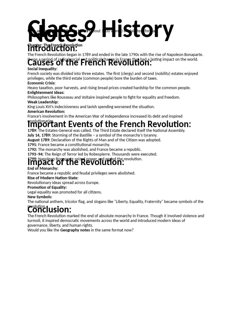 Class 9 History: The French Revolution Notes | PDF