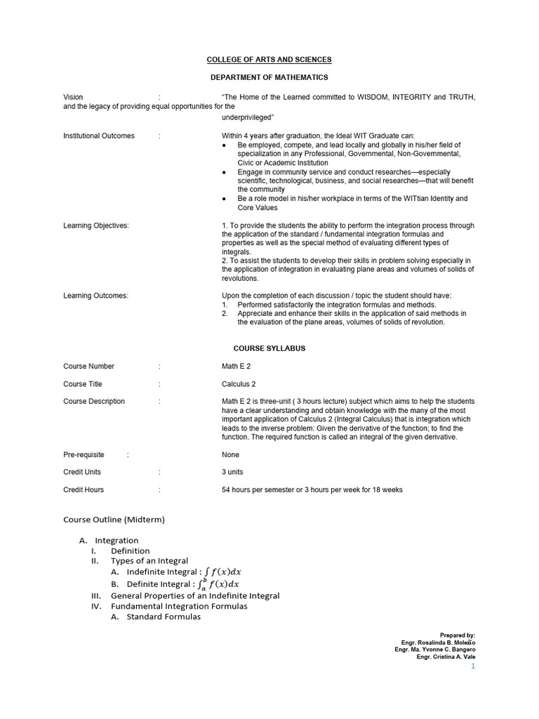 Math E2 Handouts | PDF | Integral | Trigonometric Functions