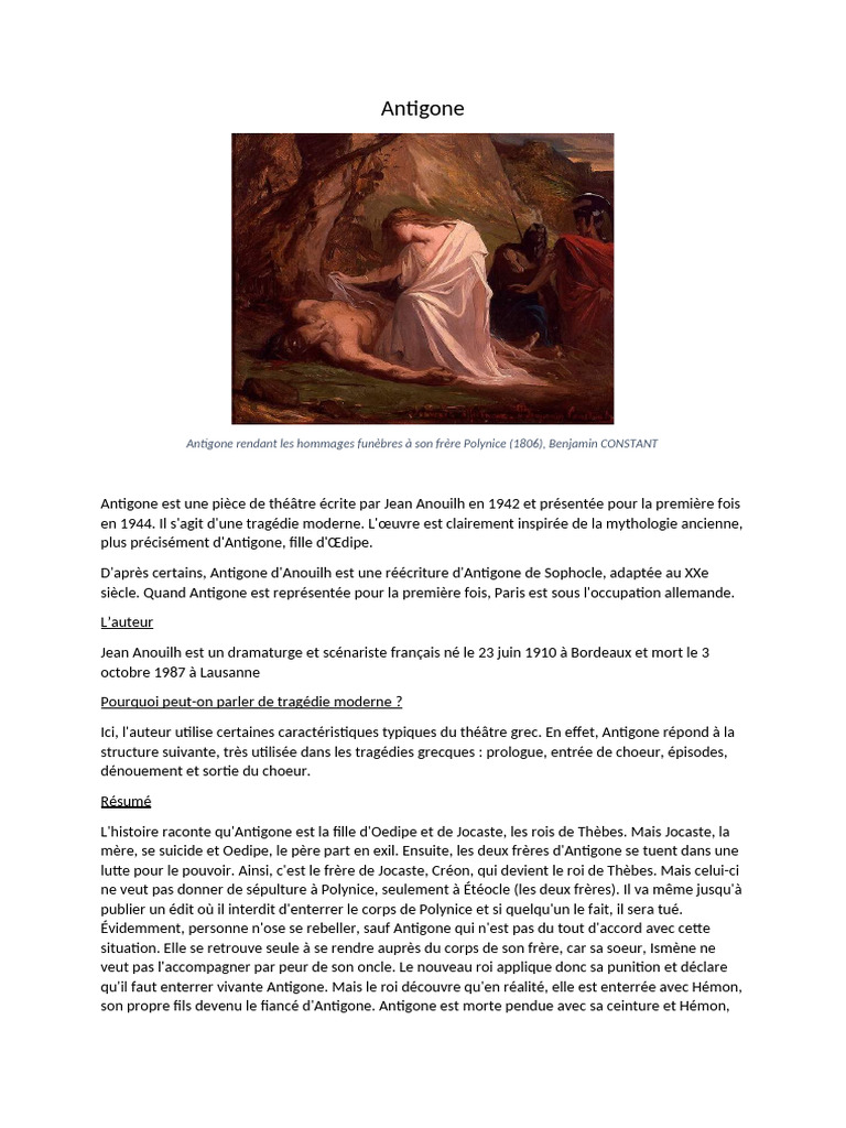 Antigone : Tragédie moderne d'Anouilh | PDF | Mythologie de Thèbes