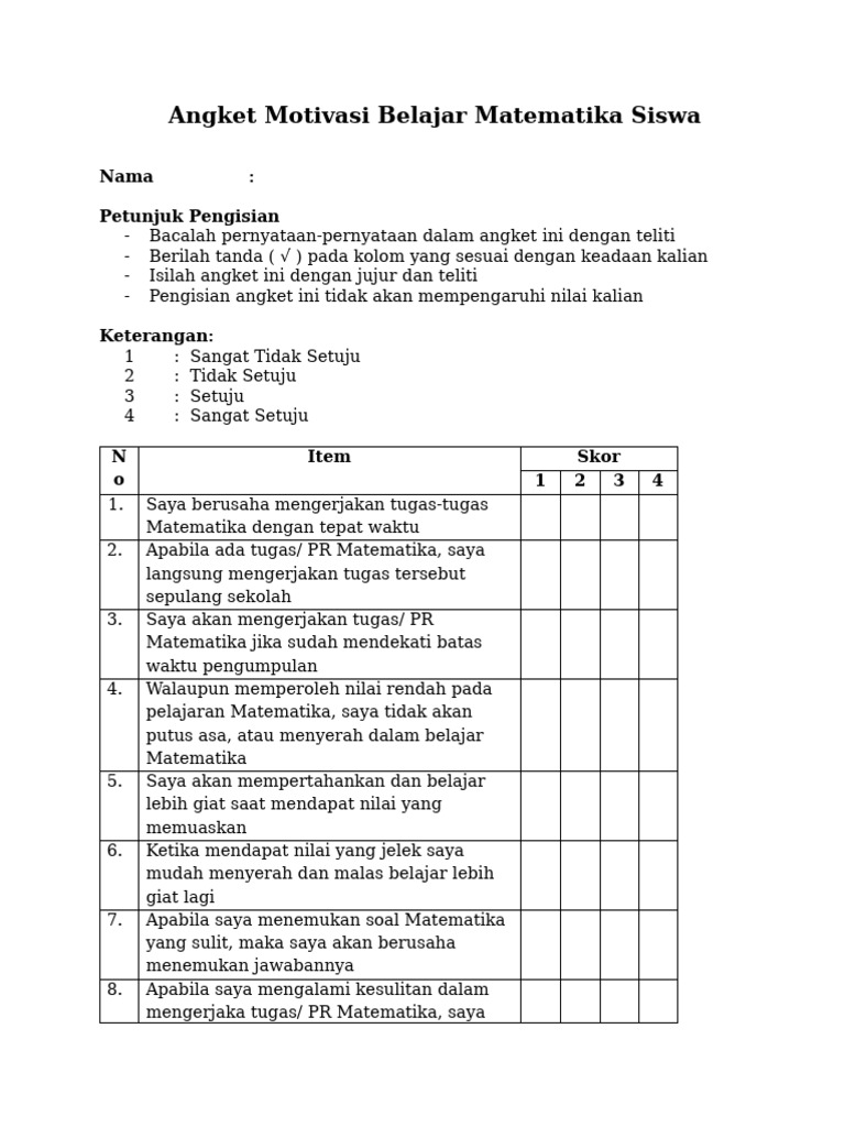 Angket Motivasi Belajar (Mahasiswa) | PDF