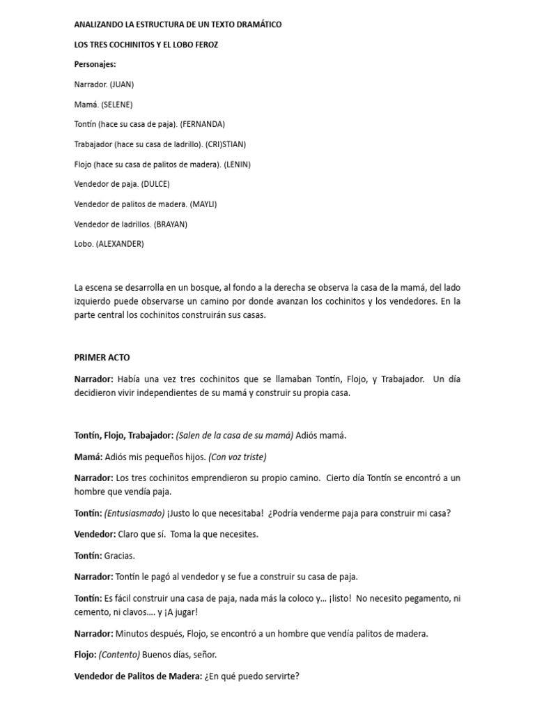 Estructura del Texto Dramático: Los Tres Cochinitos | PDF