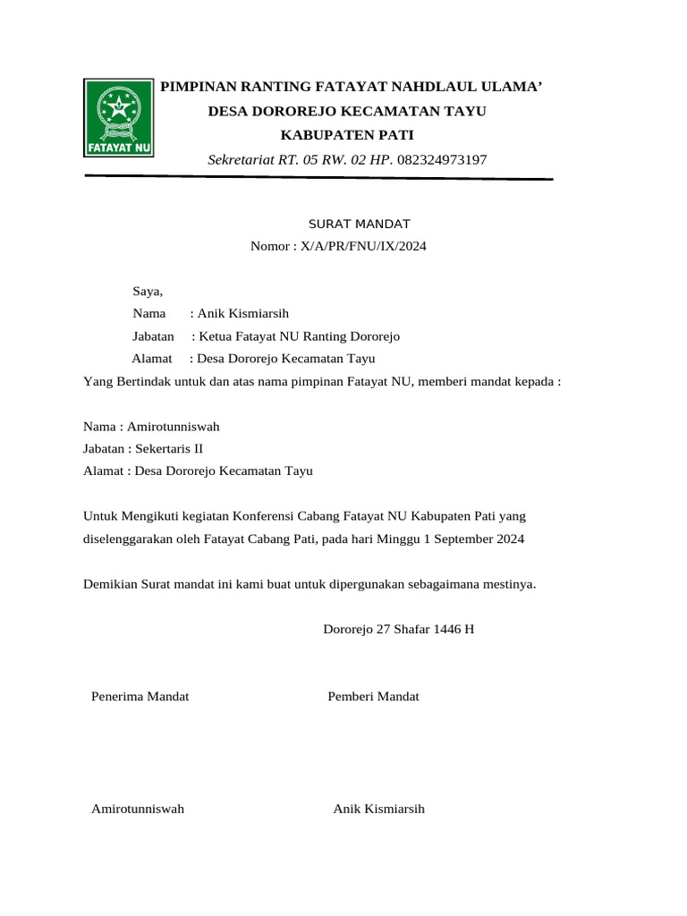 Surat Mandat Fatayat NU Dororejo | PDF
