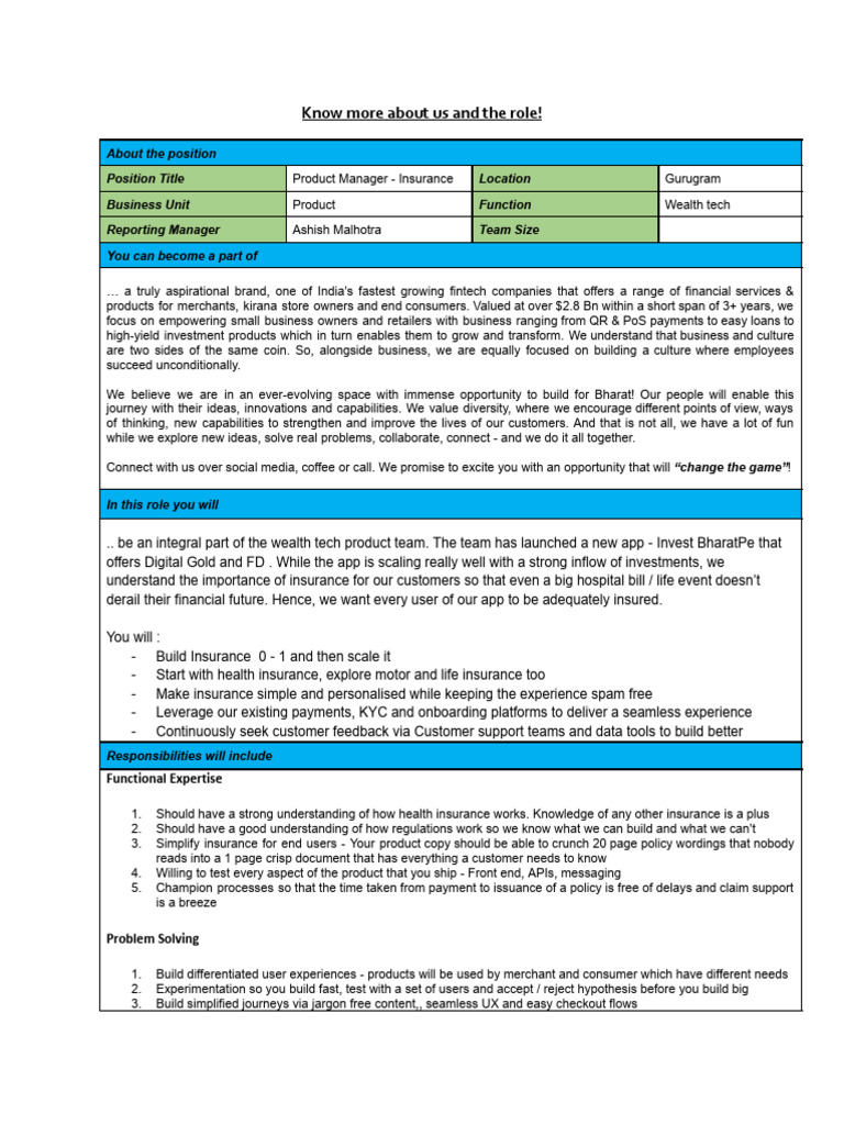 Product Manager - Insurance Role in Gurugram | PDF | Insurance