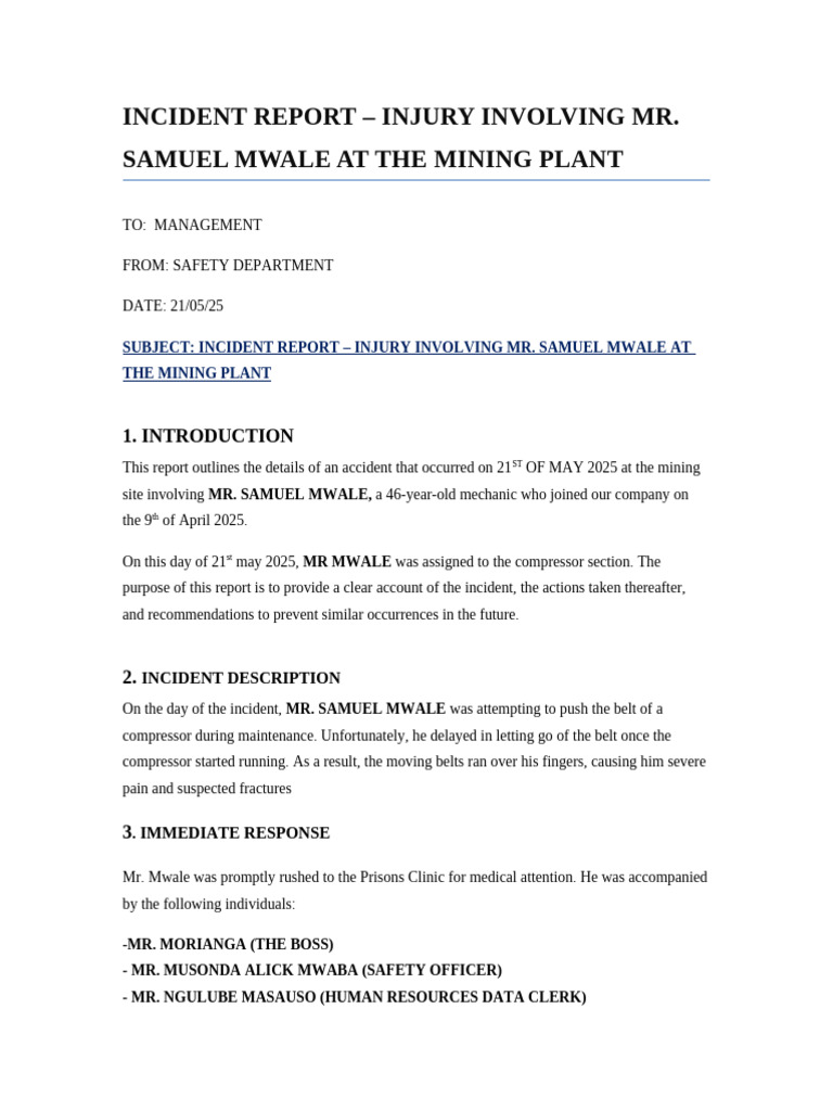 Injury Report: Samuel Mwale Incident | PDF | Personal Protective ...