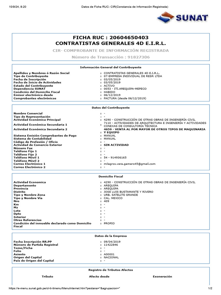 RUC 20604650403: 4D Constructora | PDF