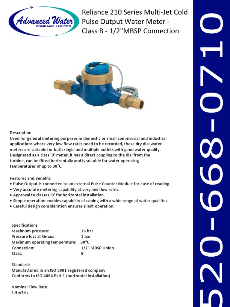 210 Series Multi-Jet Pulse Output Cold Water Meter 1-2inch MBSP | PDF