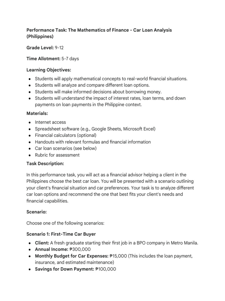 Performance Task - The Mathematics of Finance - Car Loan Analysis (Philippines) | PDF | Loans ...