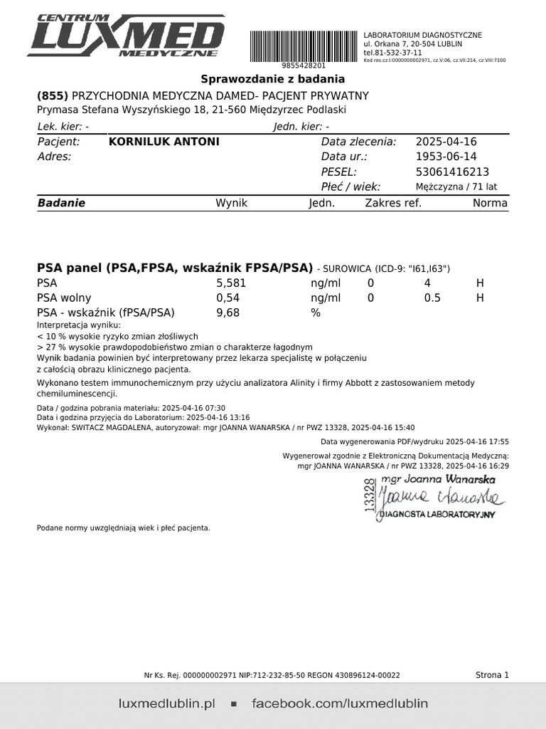 Pacjent: Data Zlecenia: Adres: Data Ur.: Pesel: Płeć / Wiek | PDF