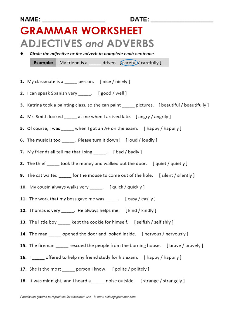 Adjectives and Adverbs Worksheet | PDF