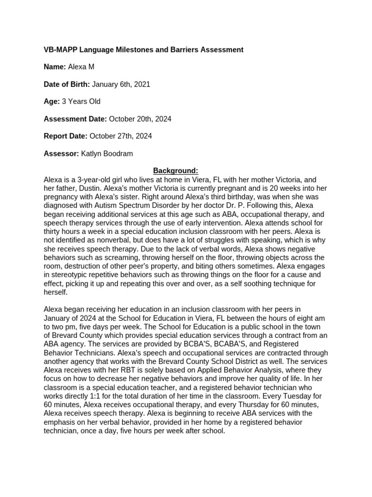 VB-MAPP Report Assessment KB | PDF | Reinforcement | Obsessive ...