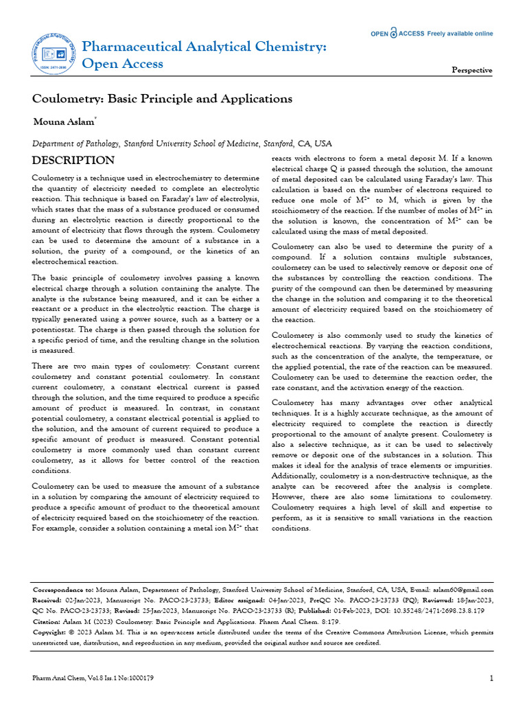 Coulometry Basic Principle and Applications | PDF | Reaction Rate ...