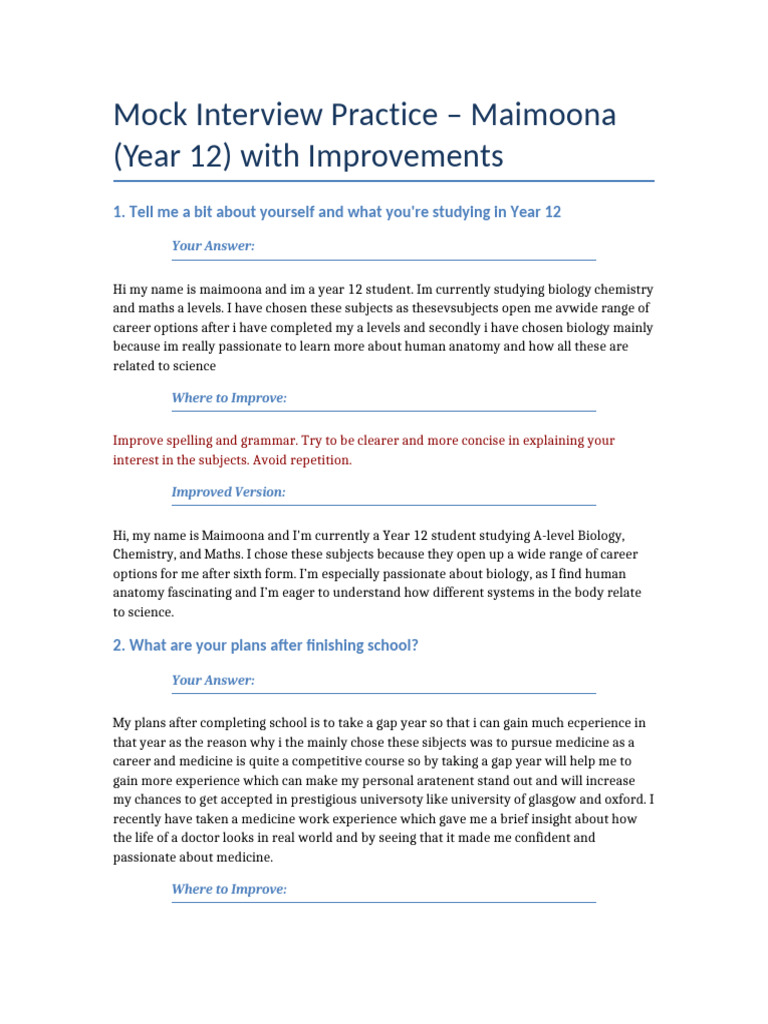 Year 12 Mock Interview Practice Guide | PDF | Motivation | Motivational