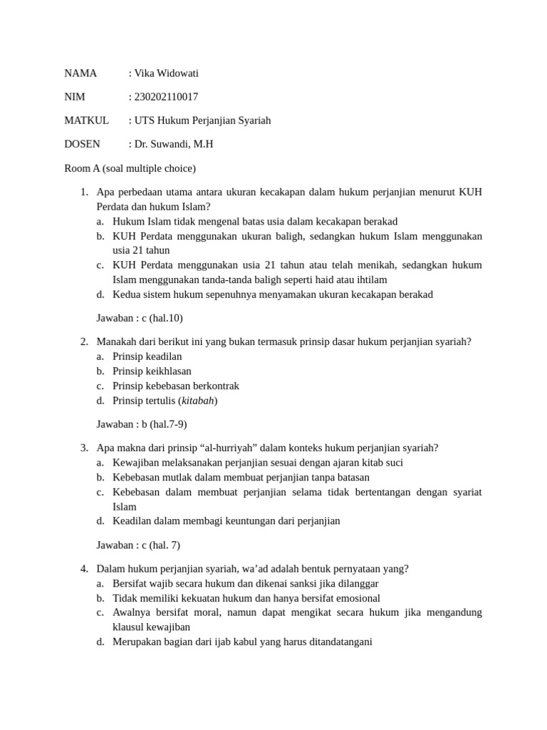 uts perjanjian syariah (vika w) | PDF