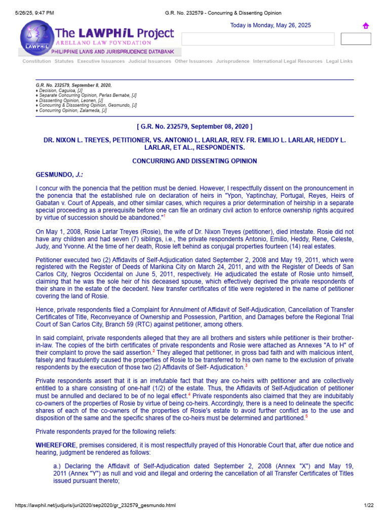 G.R. No. 232579 - Concurring & Dissenting Opinion | PDF | Intestacy ...