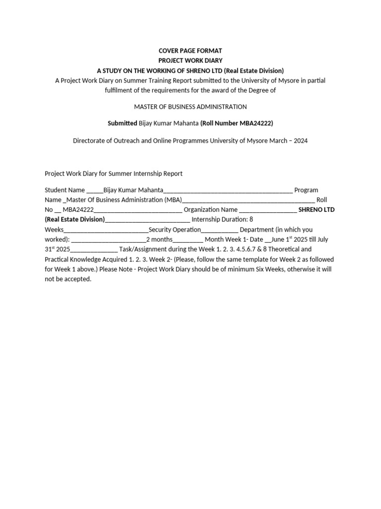 Cover Page Format Project Work | PDF