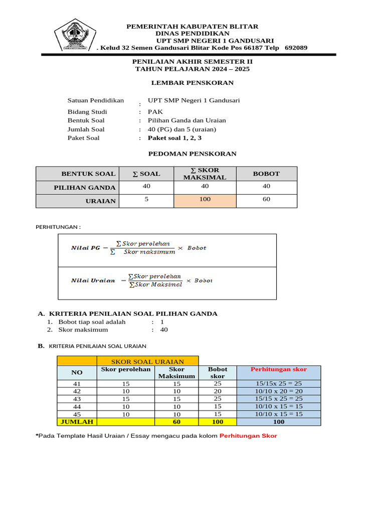 PEDOMAN PENSKORAN PAK UAS | PDF
