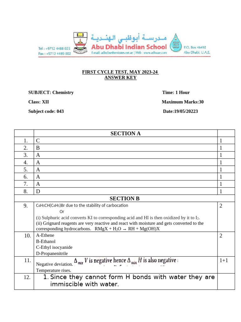 GRADE 12 - CT1,2023-24 Answer Key | PDF | Water | Chemistry