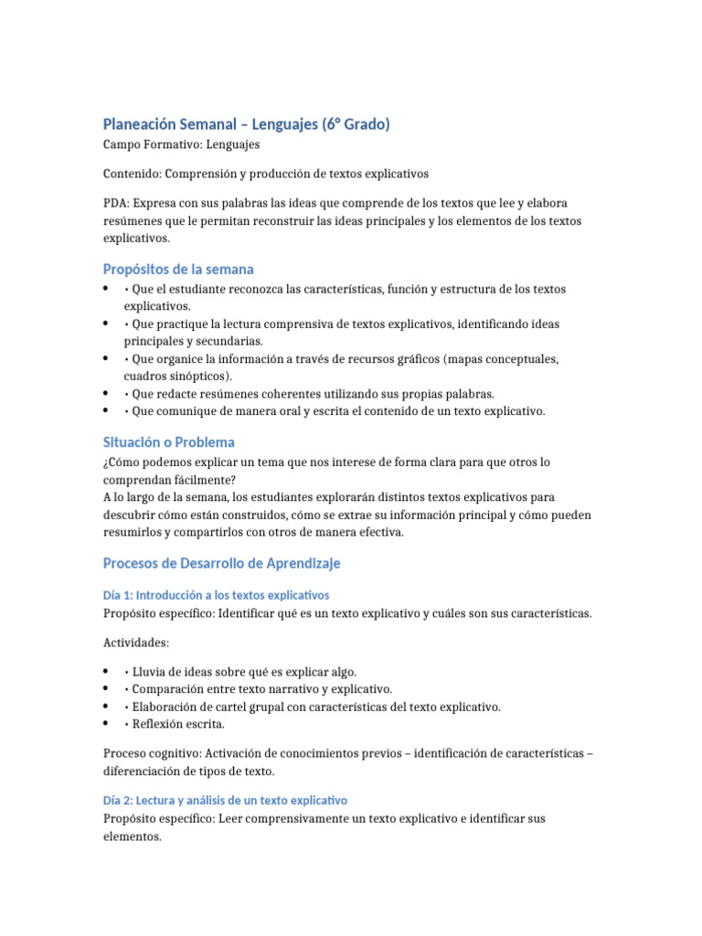 Planeación Lenguajes 6to Textos Explicativos | PDF | Psicología cognitiva | Cognición