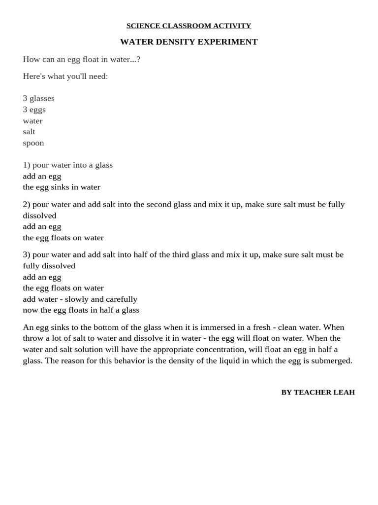 Water Density Experiment Activities Promoting Classroom Dynamics Group ...