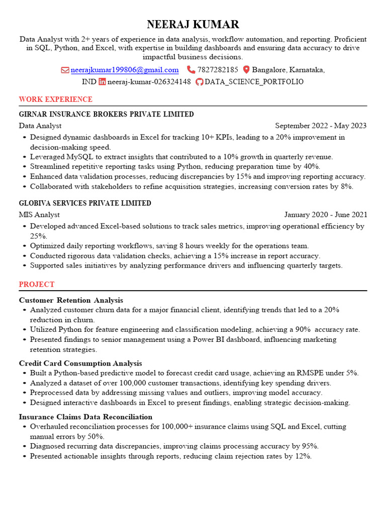 Neeraj Kumar Analyst Resume | PDF | Data Analysis | Machine Learning