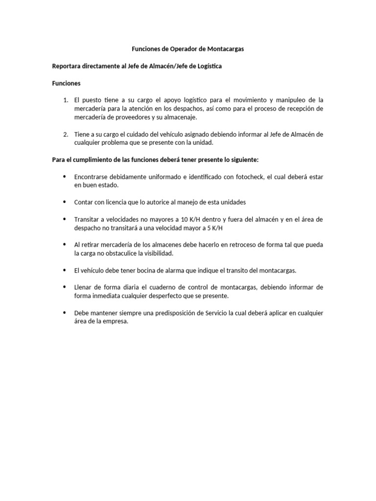 Funciones del Operador de Montacargas | PDF