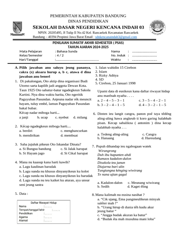 Soal Psas B.sunda 2024 | PDF