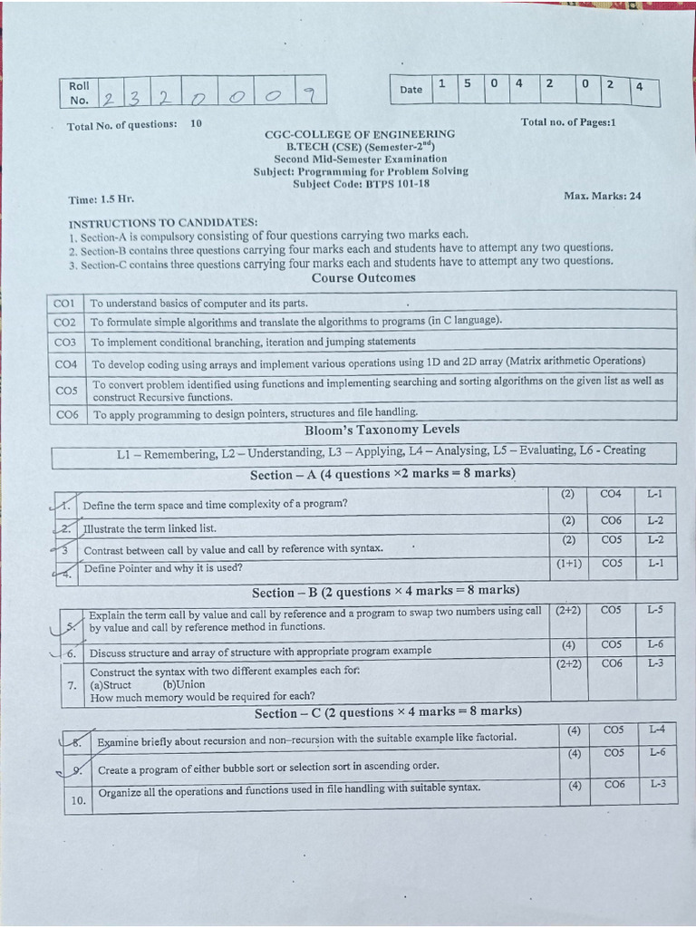 2nd Sem Cse Mst-2 2024 | PDF