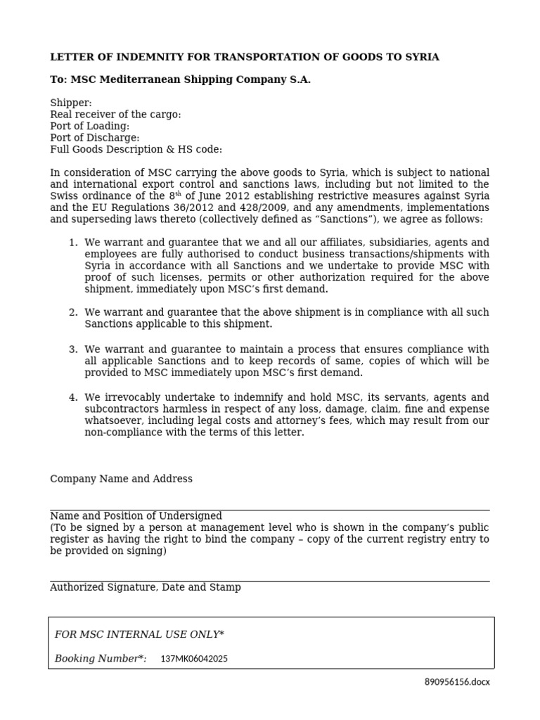 Letter of Indemnity For Transportation of Goods To Syria To: MSC Mediterranean Shipping Company ...