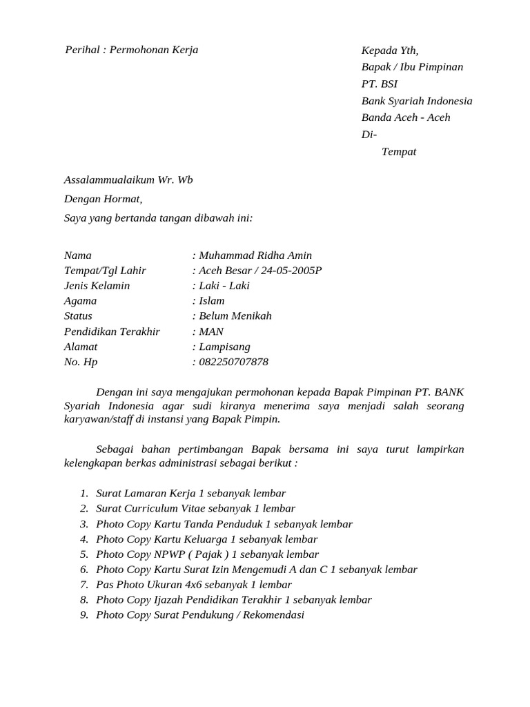 surat lamaran kerja Ridha | PDF