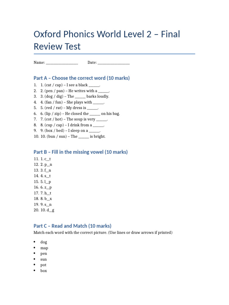 Phonics Level2 Final Review Test | PDF