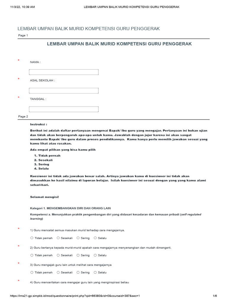 Lembar Umpan Balik Murid Kompetensi Guru Penggerak | PDF