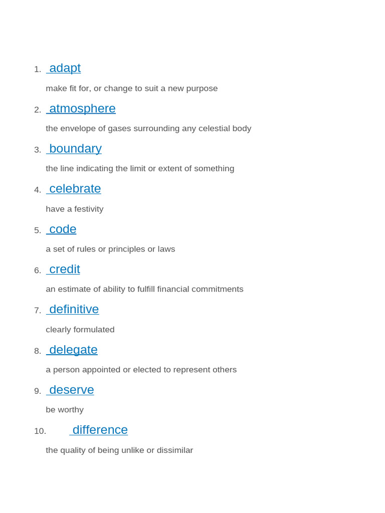 Vocabulary Terms and Definitions List | PDF | English As A Second Or ...