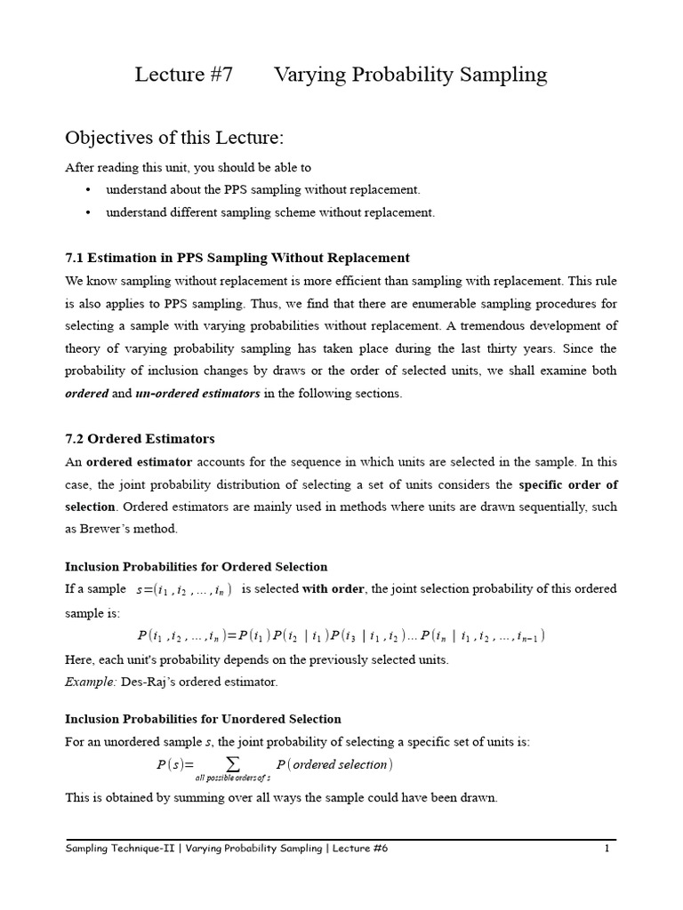 L-7. Varying Probability Sampling | PDF | Estimator | Bias Of An Estimator