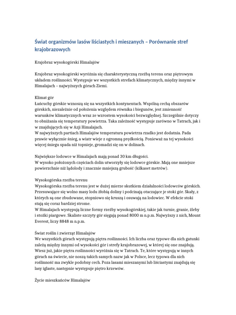 Tekst Himalaje Krajobraz I Roslinnosc | PDF