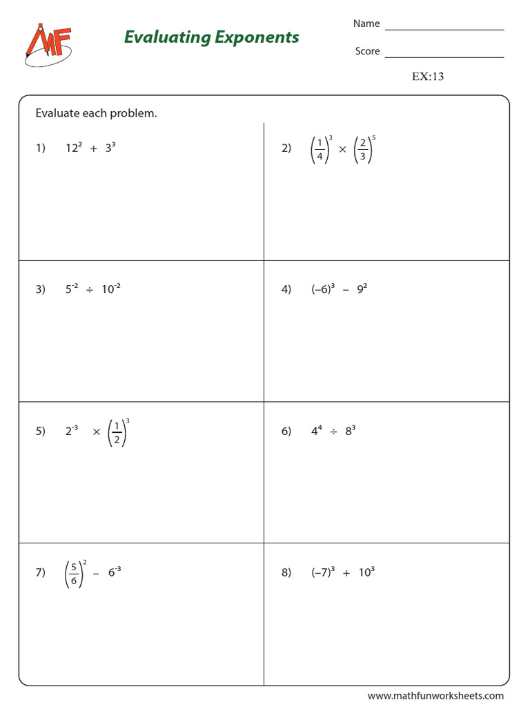 Evaluating Exponents Worksheet | PDF