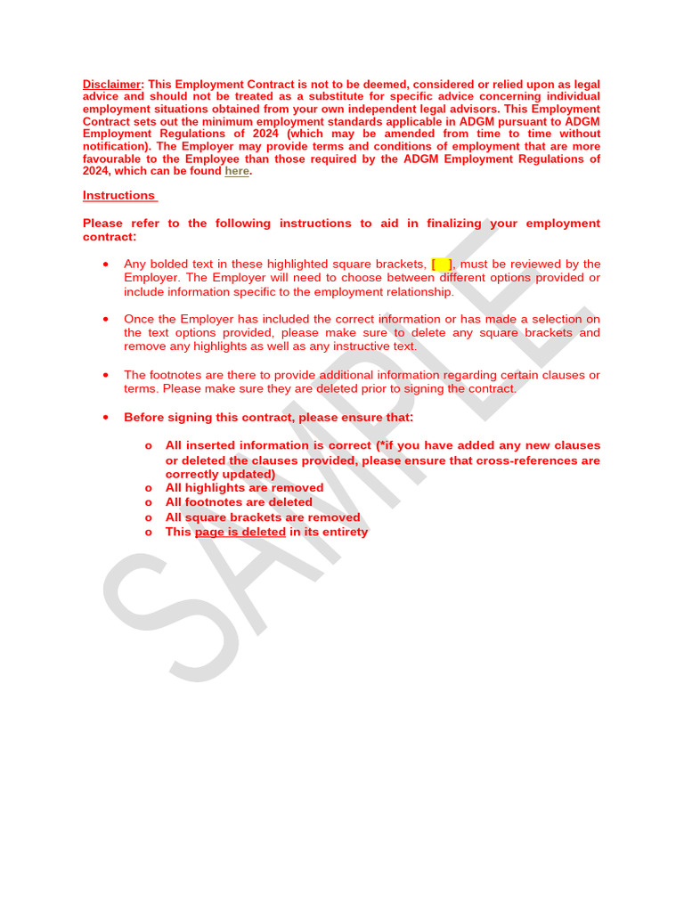 ADGM Employment Contract Template 2024 | PDF | Cost Of Living | Employment