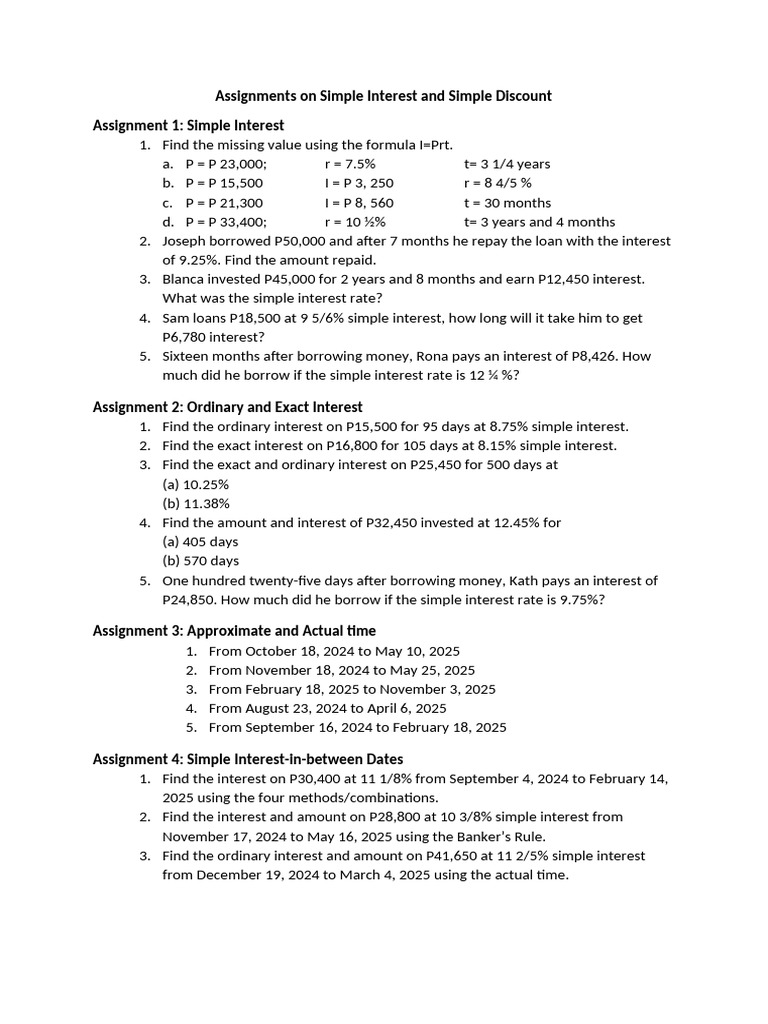 Simple Interest and Discount Assignments | PDF | Interest | Investment ...