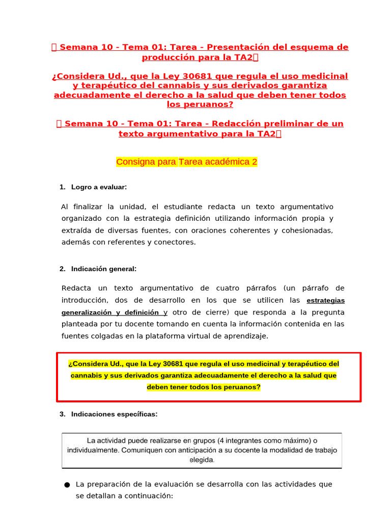 ? Semana 10 - Tema 01 Tarea - Redacción Preliminar de Un Texto Argumentativo para La TA2 NOTA 20 ...